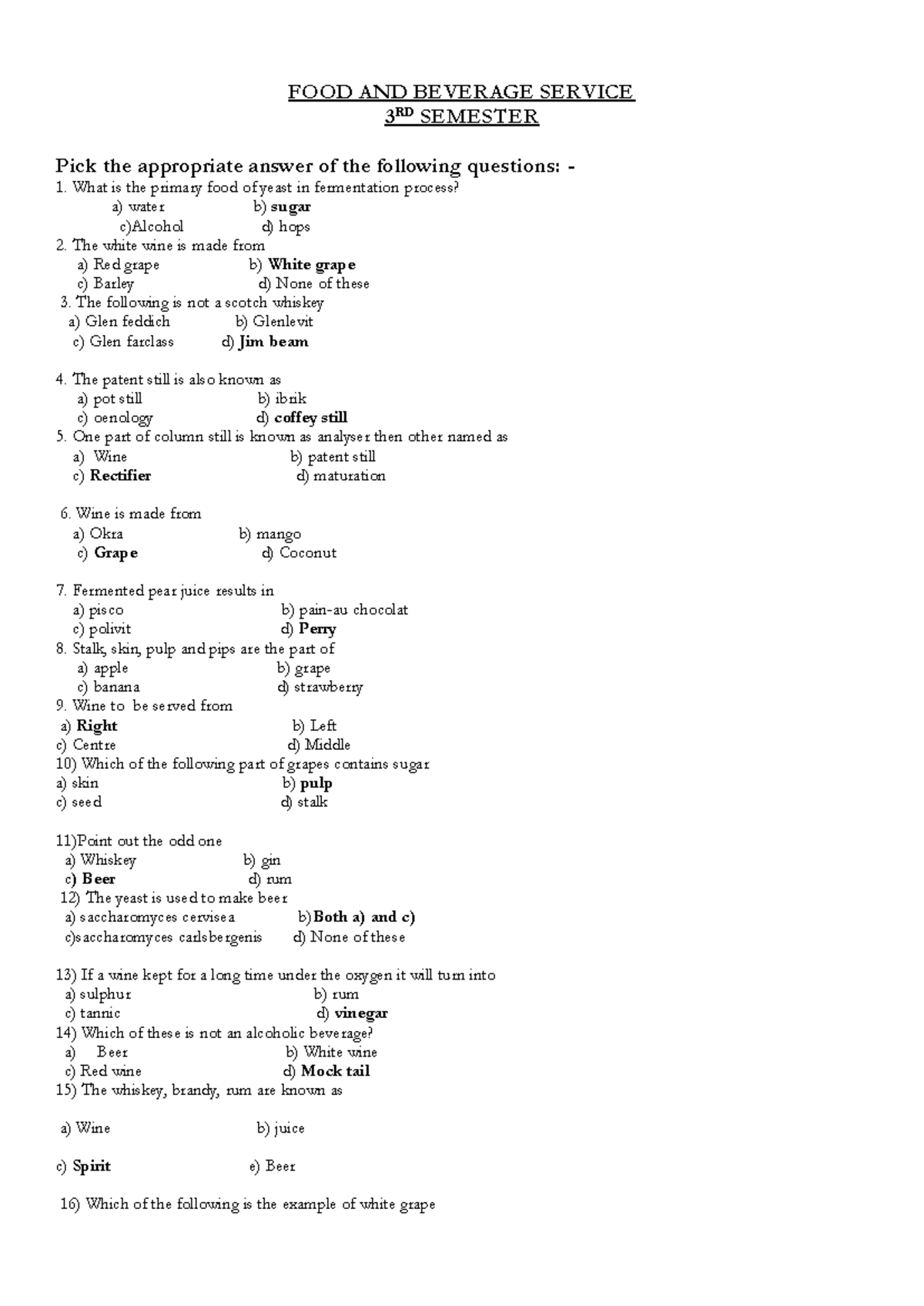 F&b service operation MCQ - FOOD AND BEVERAGE SERVICE 3 RD SEMESTER ...