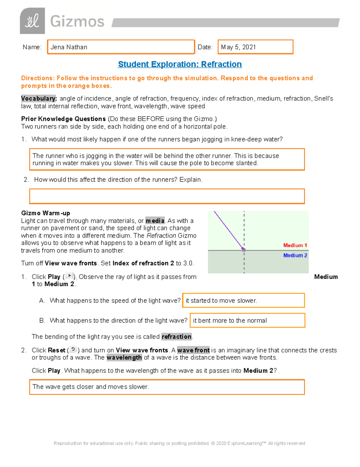 Copy of Gizmo Refraction and Total Internal Reflection - Name: Jena ...