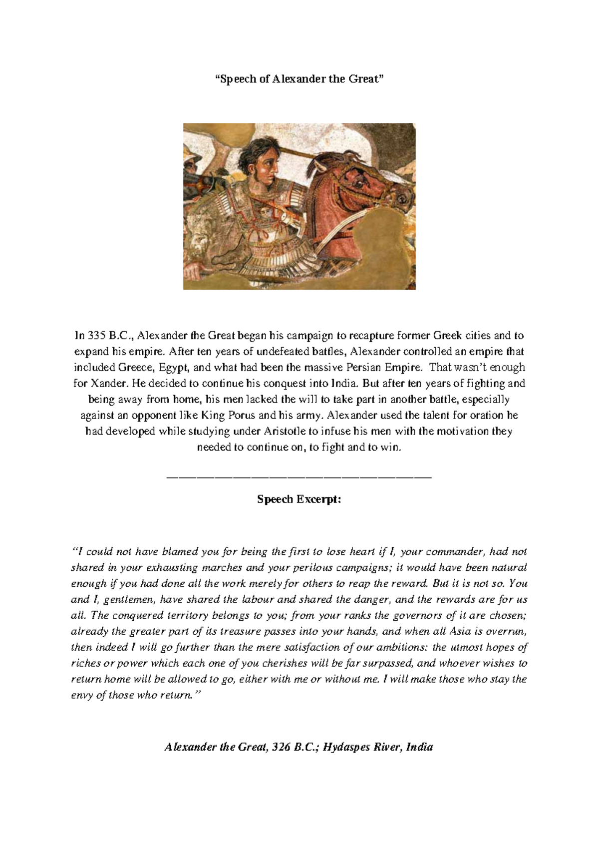 Speech Excerpt 4-Alexander the Great - “Speech of Alexander the Great ...