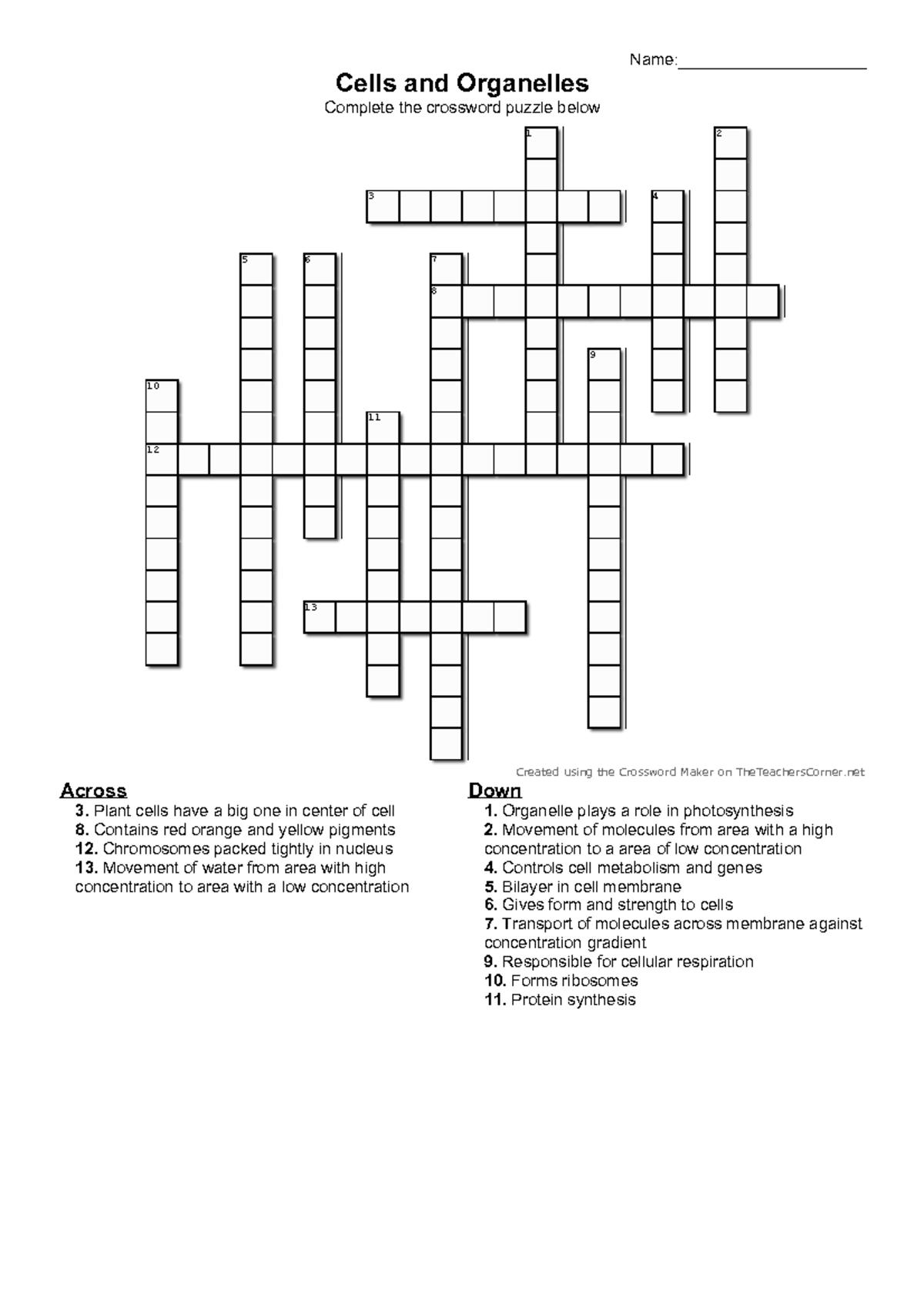 Crossword ENG Cells - Cells and Organelles Complete the crossword ...