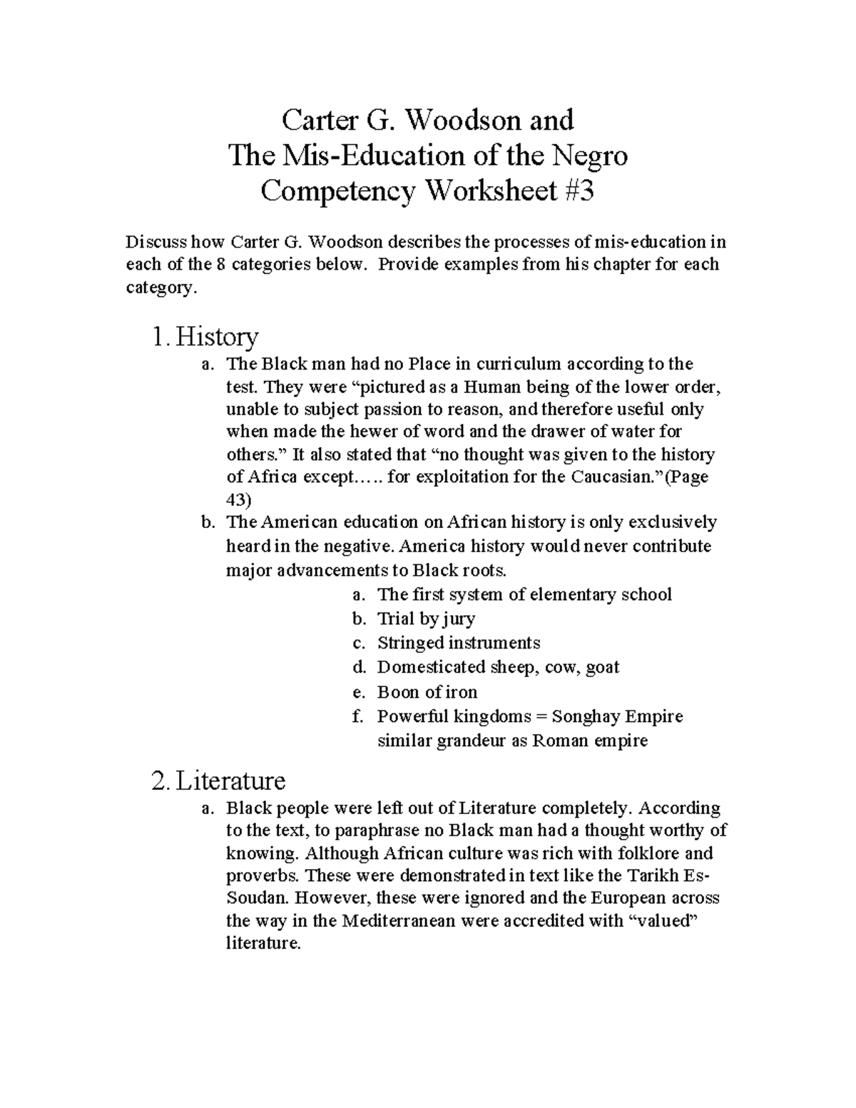 AFS Worksheet 3 - Carter G Woodson Mis Education of the Negro - Carter ...