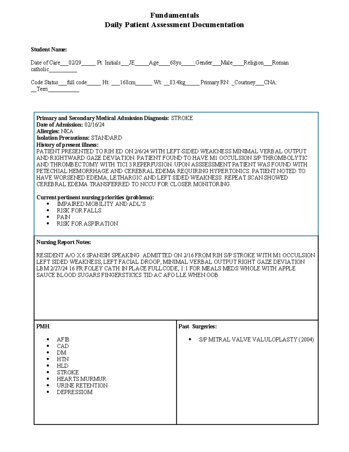 NUR125 Daily Patient Assessment and Medication Sheet 8 - Fundamentals ...