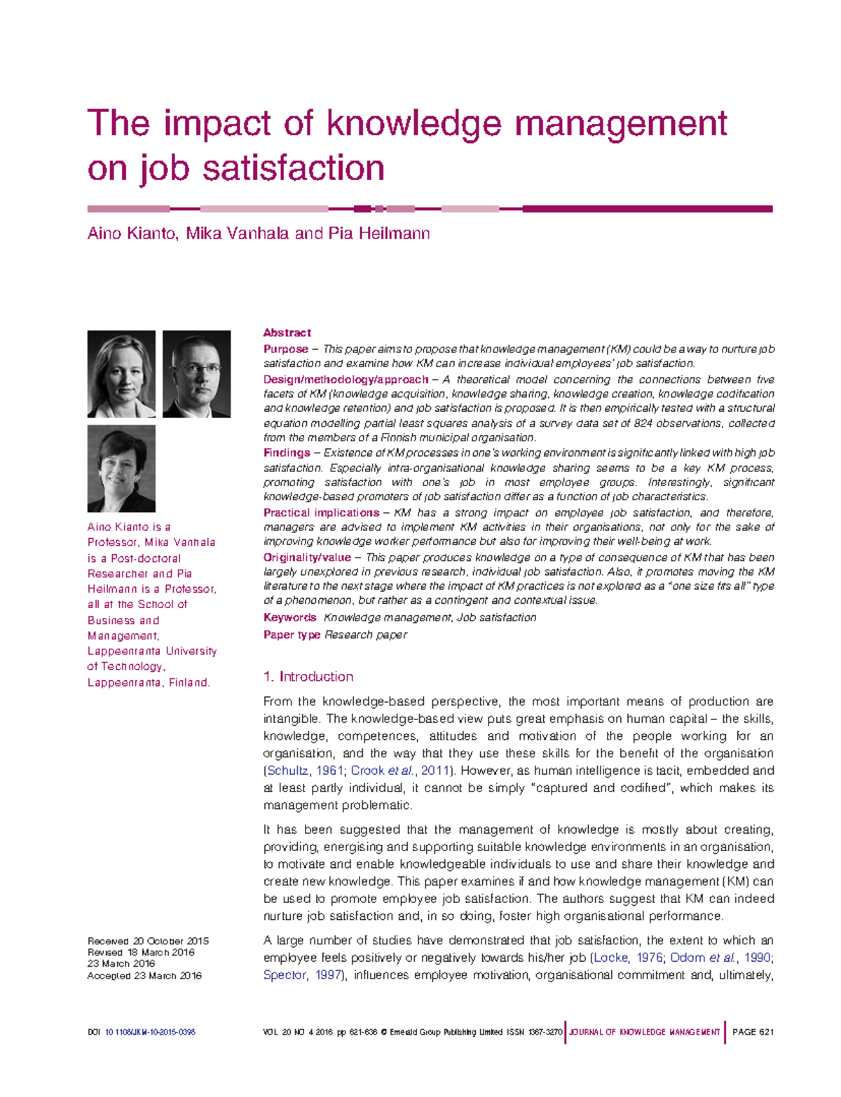 The impact of knowledge management - Abstract Purpose – This paper aims ...