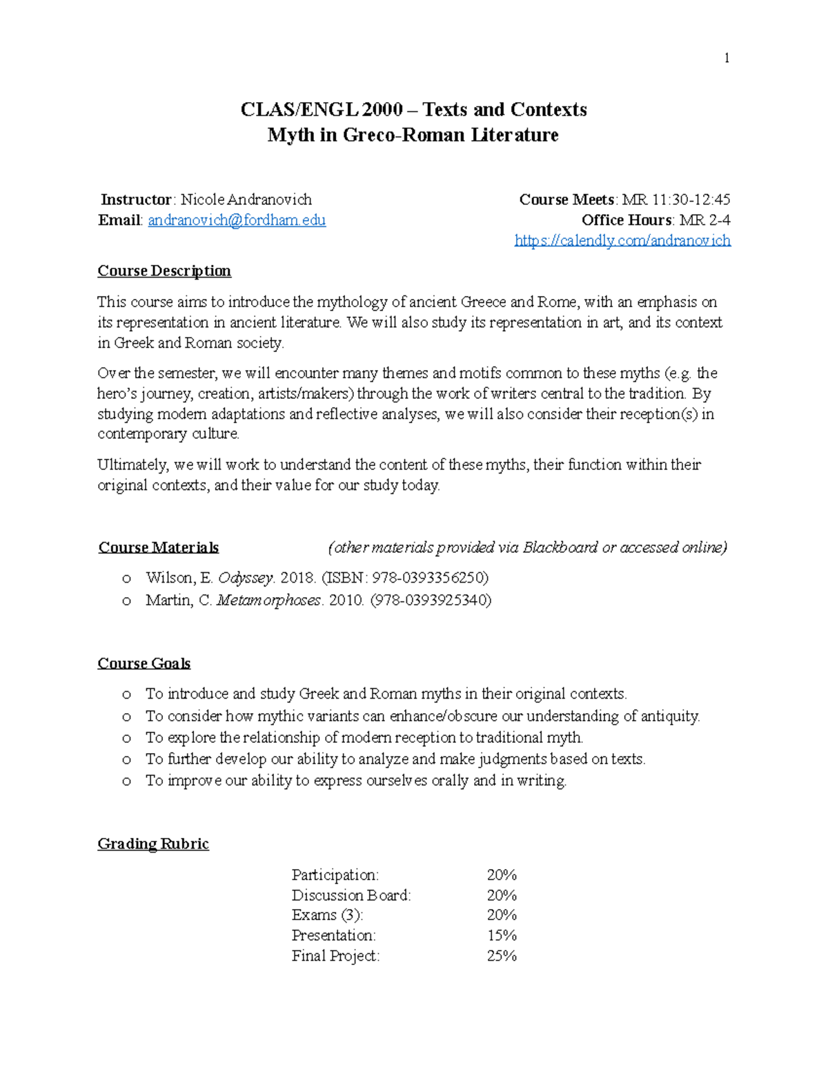 Syllabus Clasengl 2000 , Myth in Greco-Roman Literature, Spring 2020(1 ...