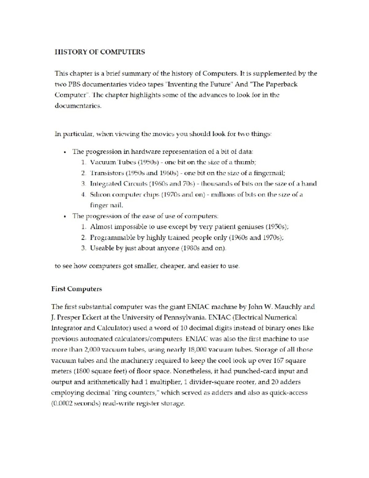 Computer Architecture Part 1 - HISTORY OF COMPUTERS This chapter is a brief summary of the ...