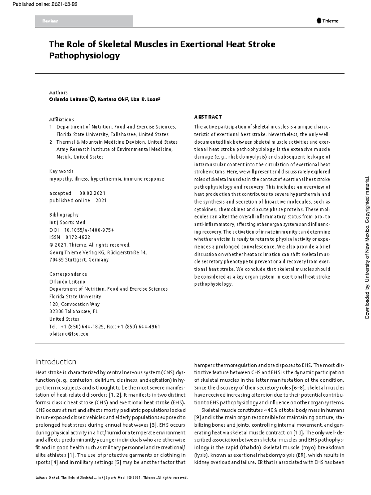 The Role of Skeletal Muscles in Exertional Heat Stroke - Laitano O et ...
