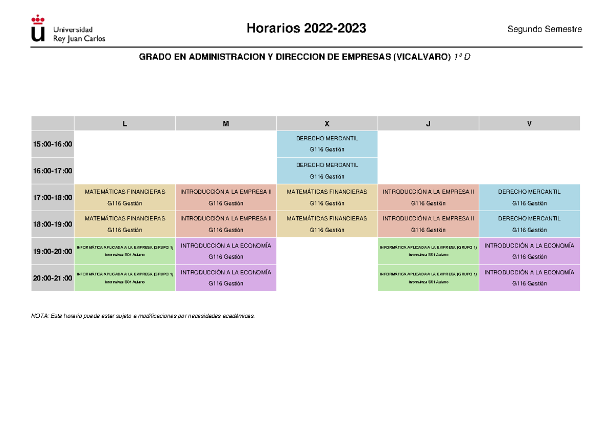 Horario - Horarios 2022-2023 Segundo Semestre Asignaturas y profesores Asignatura Semestre ...
