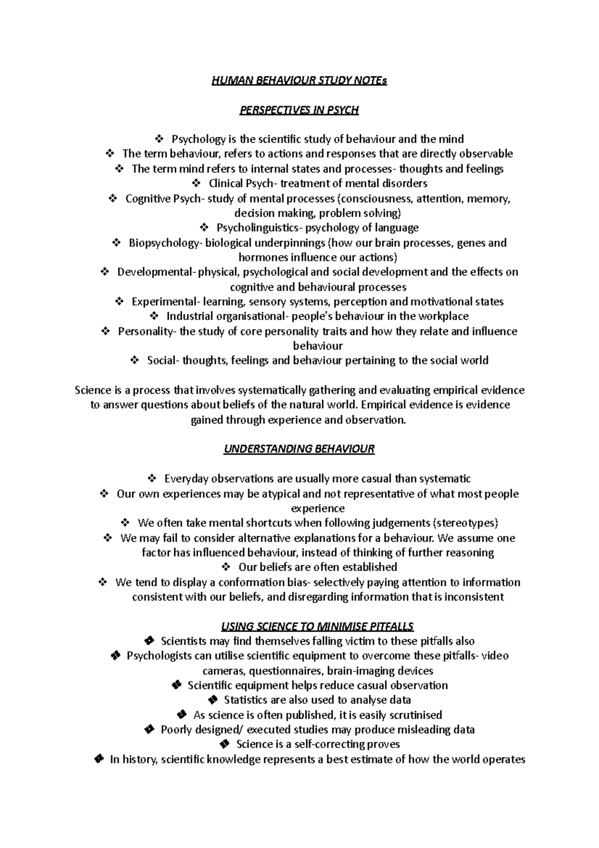 Human Behaviour Study NOTEs - HUMAN BEHAVIOUR STUDY NOTEs PERSPECTIVES ...