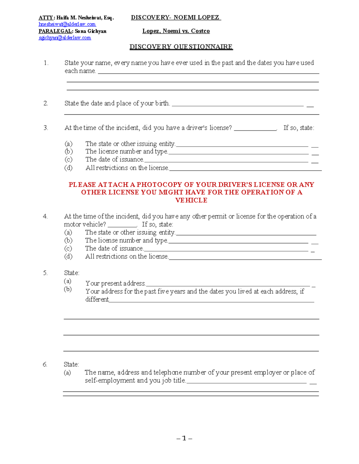 Discovery Questionnaire Worksheet - hnesheiwat@alderlaw PARALEGAL: Sona ...