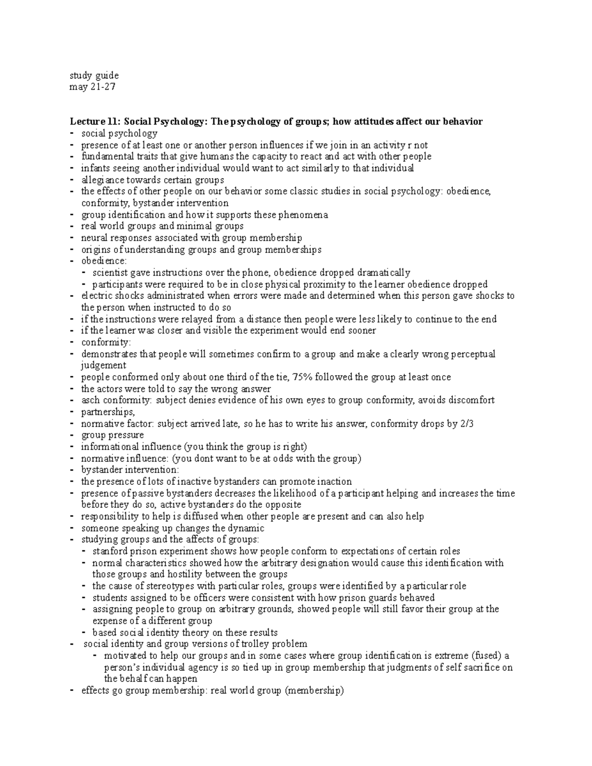 Study guide may 21-27 - study guide may 21- Lecture 11: Social ...