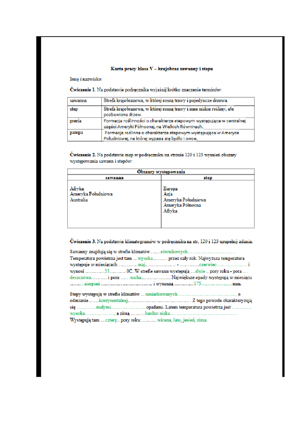 Geografia - Strefy klimatyczne - Karta pracy klasa V krajobraz sawanny ...