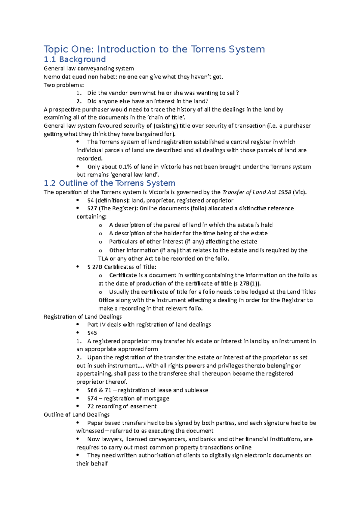 Topic One: Introduction to the Torrens System - LAW2RPT - LaTrobe - Studocu