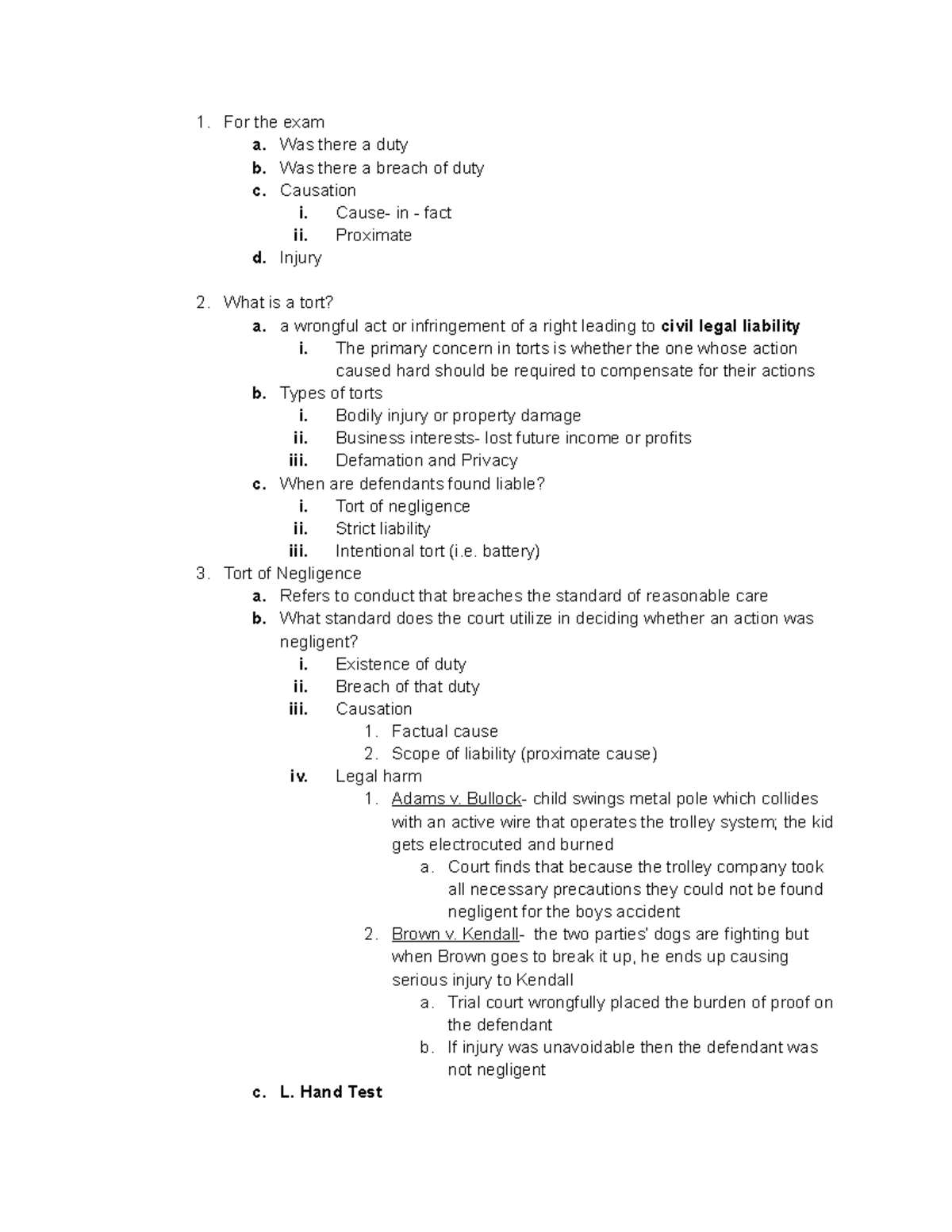 Torts Outline - For the exam a. Was there a duty b. Was there a breach ...