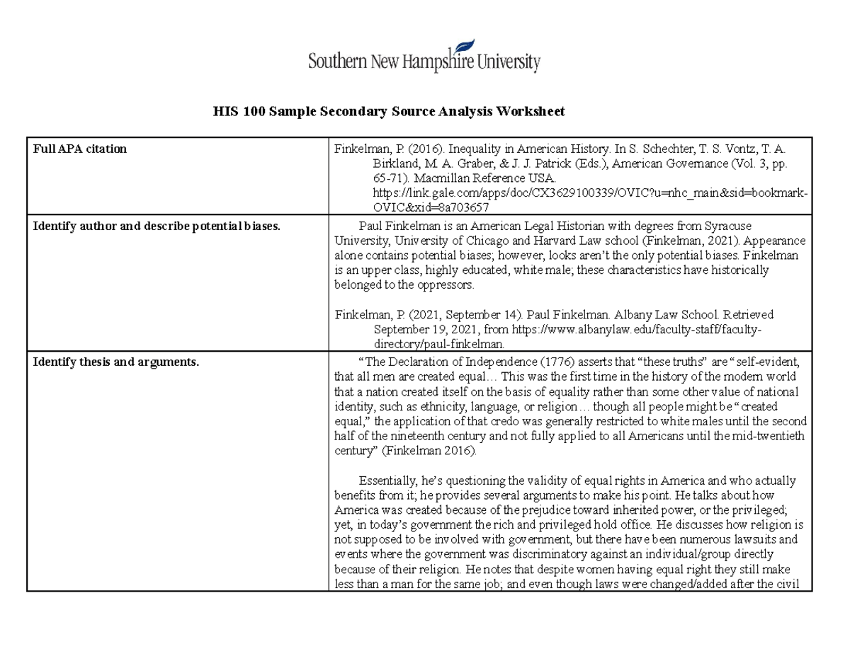 3-4 Activity - Secondary Source Analysis Worksheet - HIS100 - SNHU ...