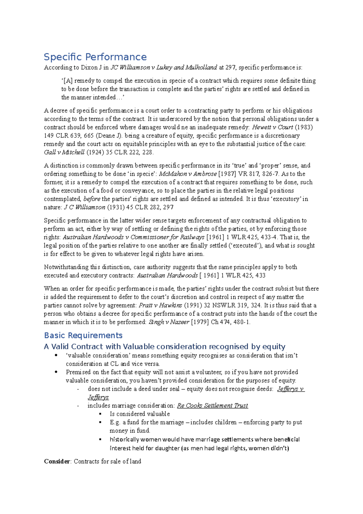Specific Performance - Equitable Remedies Week Seven - Specific Performance According to Dixon J ...