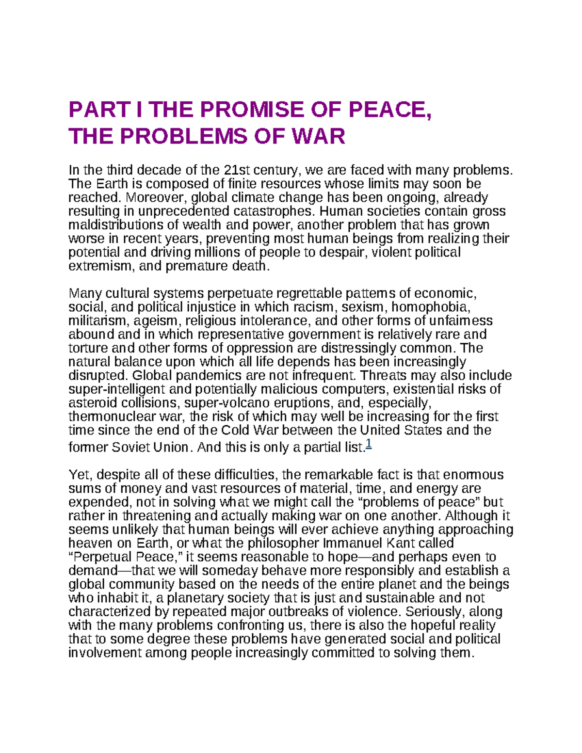 Peace and Conflict Studies - PART I THE PROMISE OF PEACE, THE PROBLEMS ...
