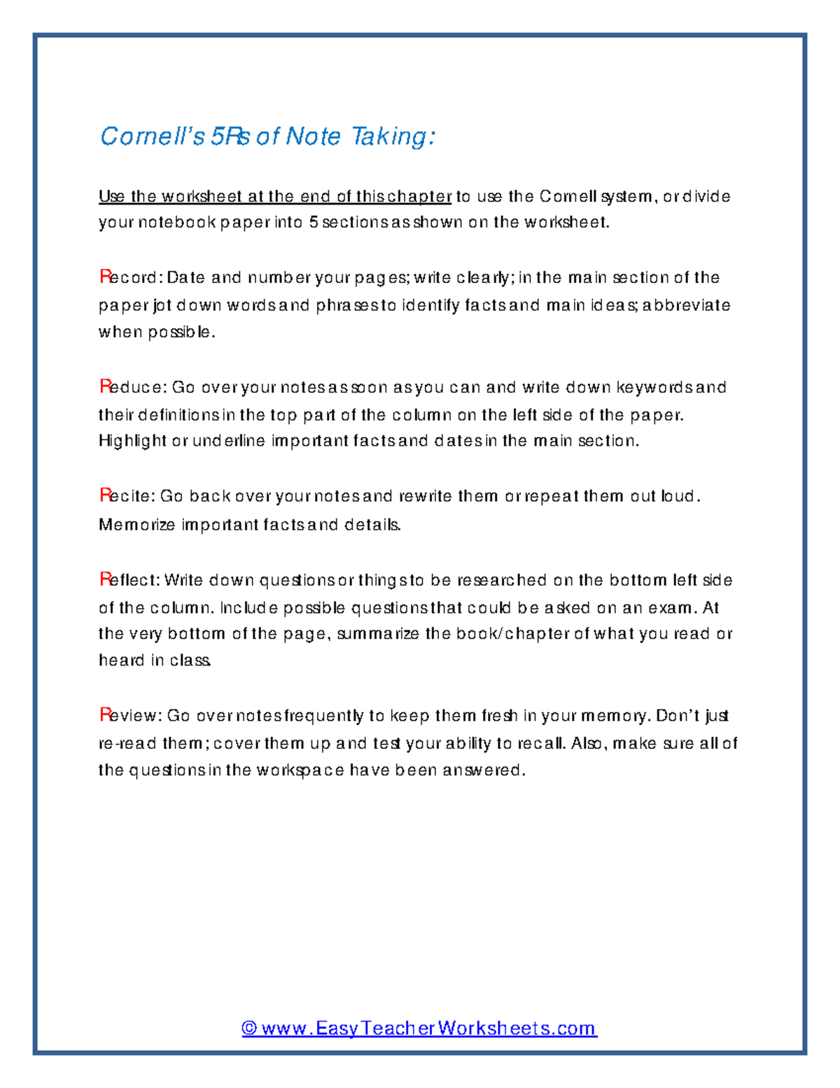 Notetaking R's - Notes for proper note taking - ©EasyTeacherWorksheets ...