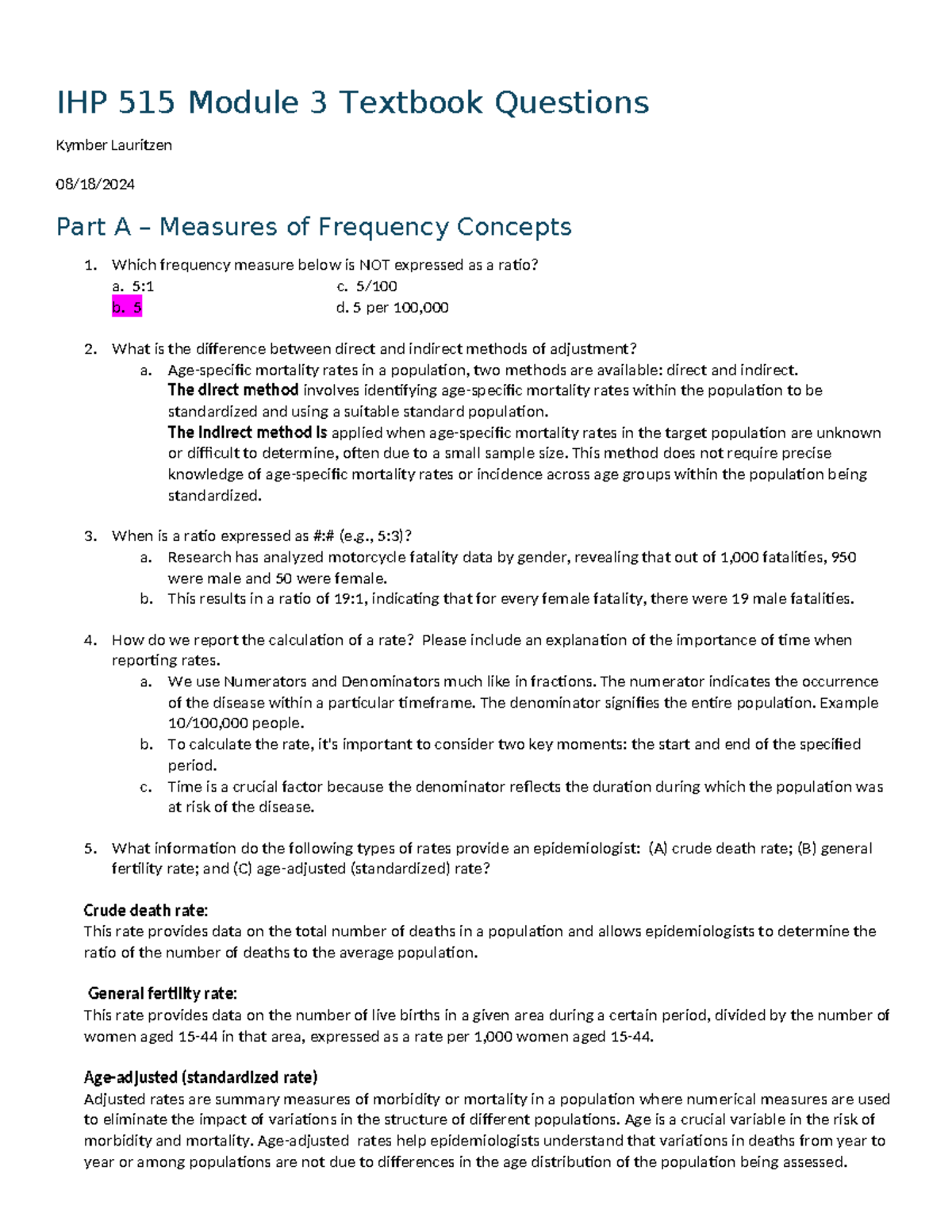 Week 3 Textbook Questions - IHP 515 Module 3 Textbook Questions Kymber Lauritzen 08/18/ Part A ...