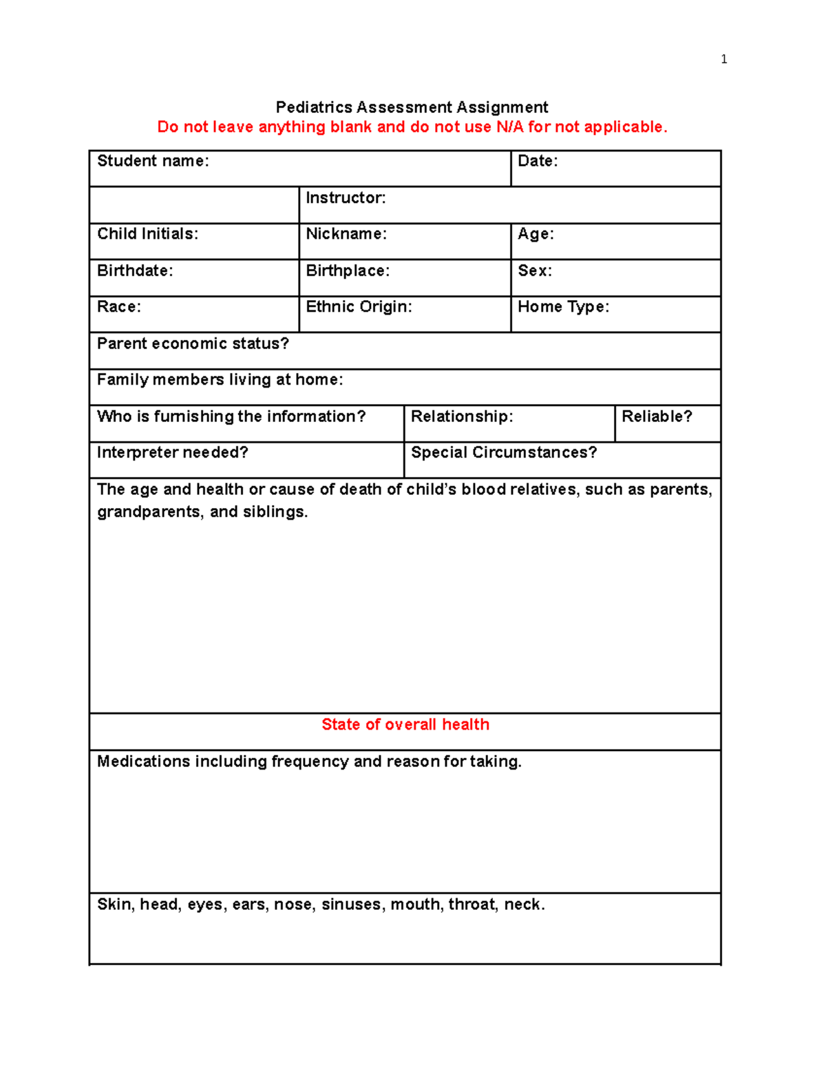Pediatrics Assessment Assignment Template - 1 Pediatrics Assessment ...