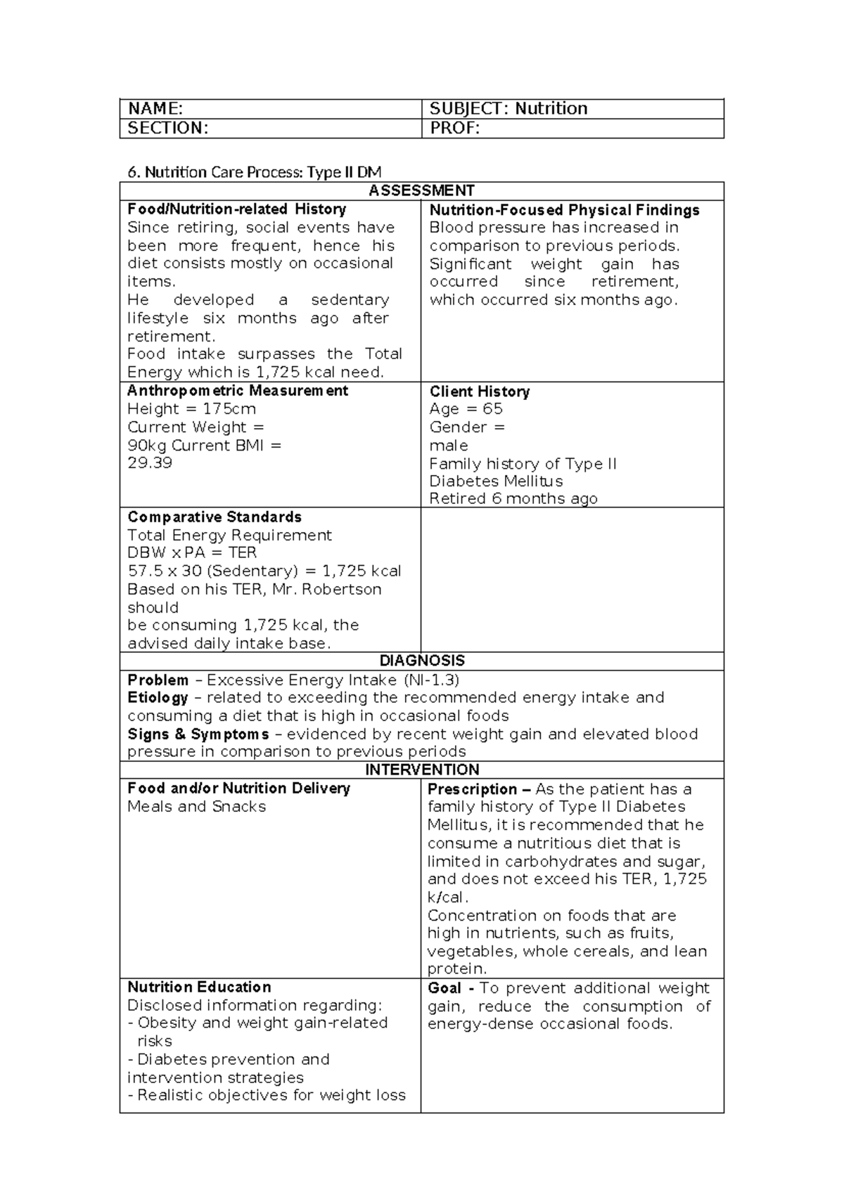 NURSING CARE PLAN AND MEAL PLAN (SUBTITUTES FOR NUTRITION) - NAME ...