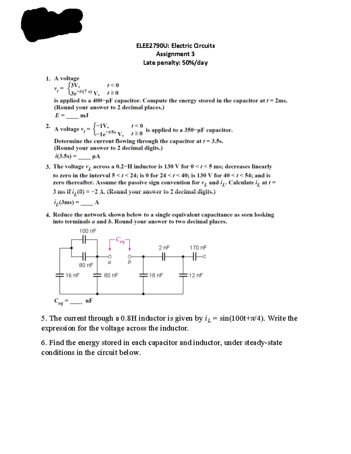 ELEE assignment 3 - ELEE2790U: Electric Circuits Assignment 3 Late ...