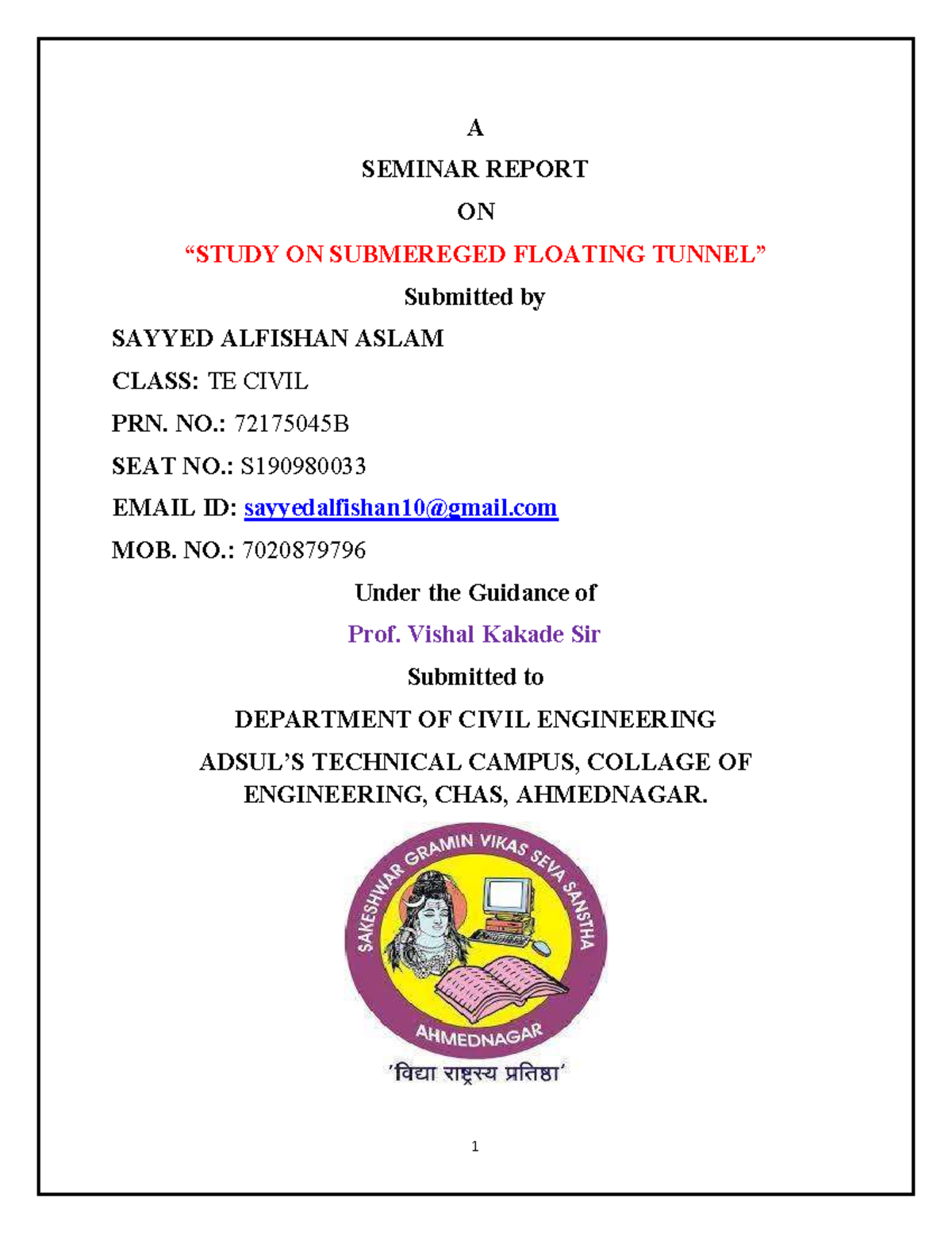 Submerged Floating Tunnel Reportzzzz - A SEMINAR REPORT ON “STUDY ON ...