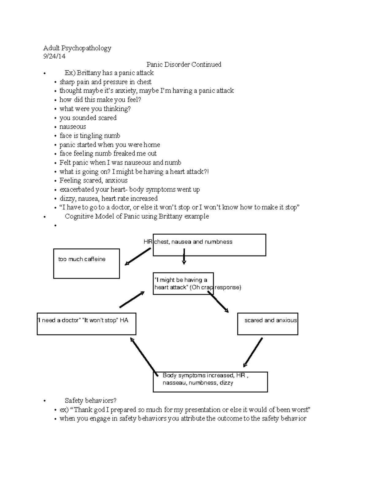Notes 9 - Adult Psychopathology Panic Disorder Continued Ex) Brittany ...