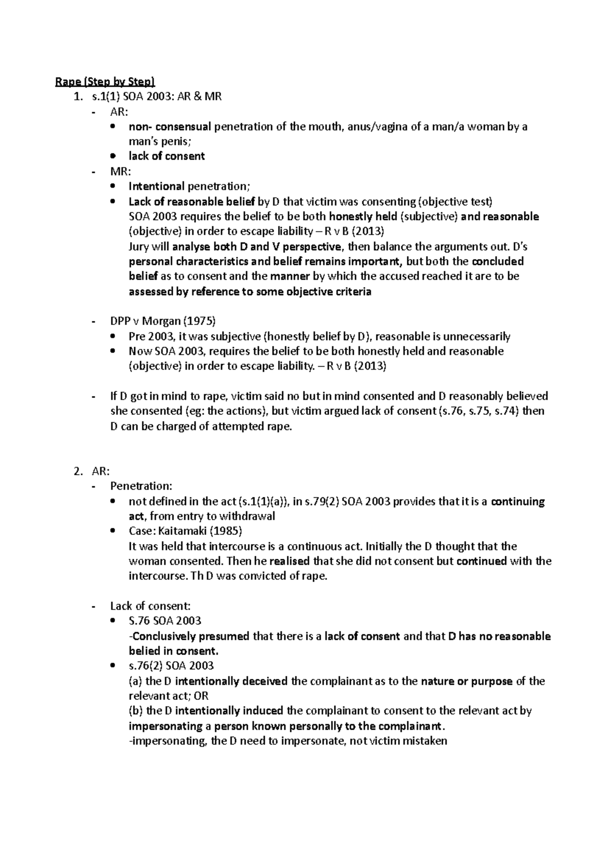 Rape - lecture notes - Rape (Step by Step) 1. s(1) SOA 2003: AR & MR ...