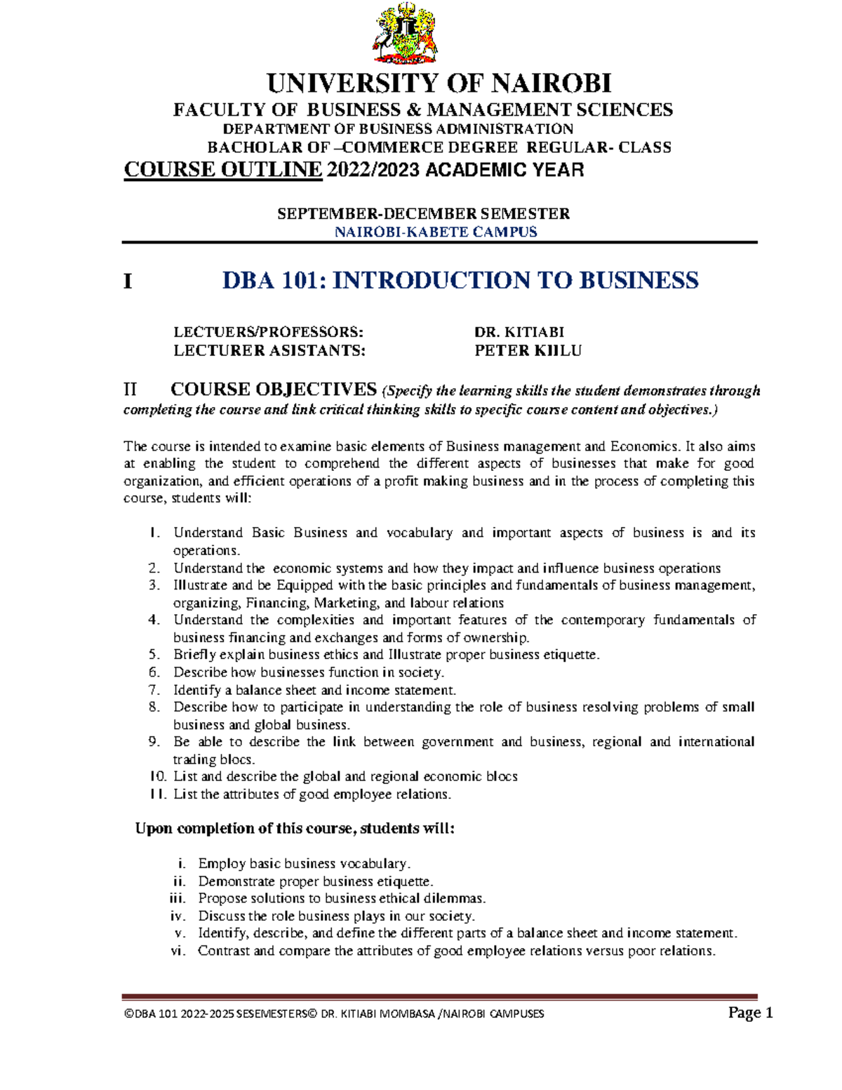 DBA 101 Introduction TO Business Course Outline Regular-integrated 2022 ...