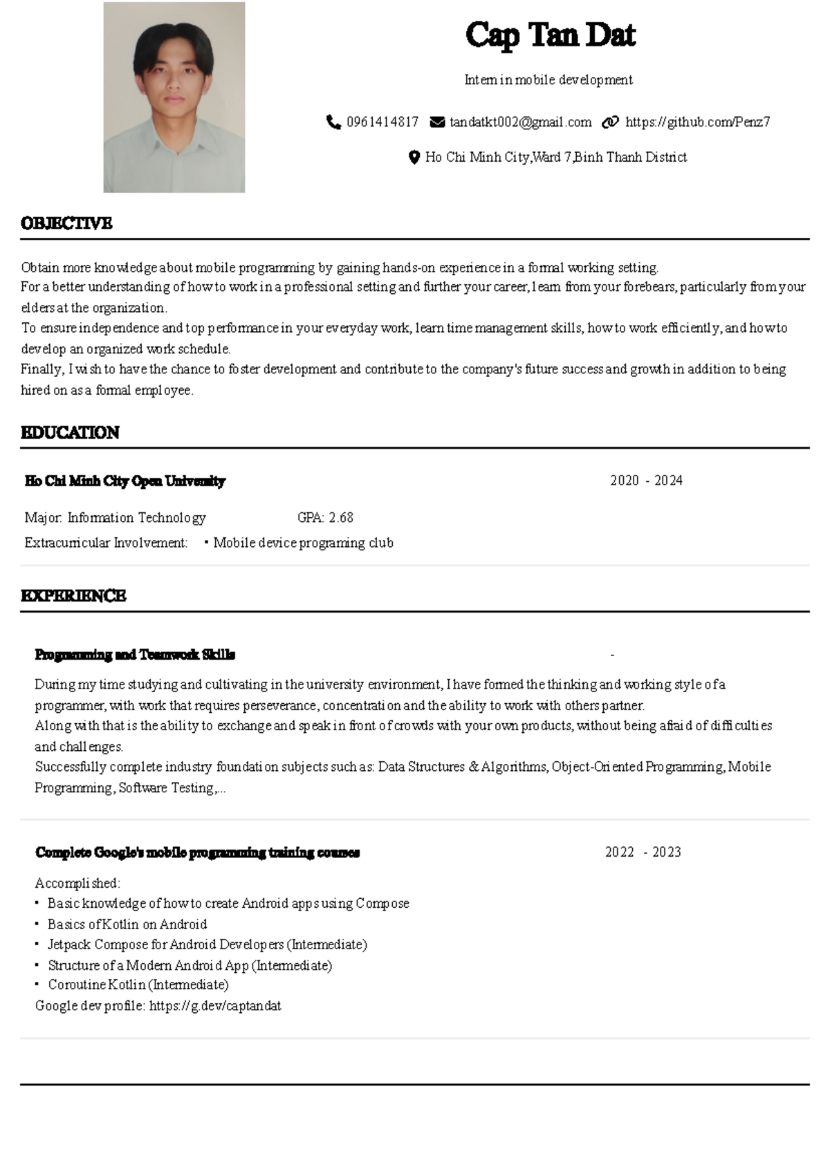 CV Cap Tan Dat - mnbv777777777777 - Cap Tan Dat Intern in mobile development 0961414817 - Studocu