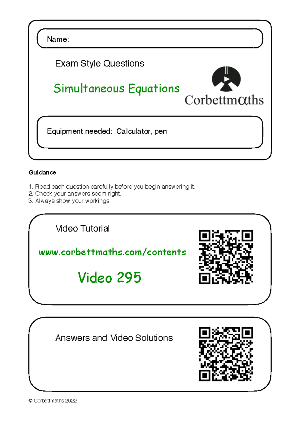 Simultaneous-Equations - Name: Exam Style Questions Equipment needed ...