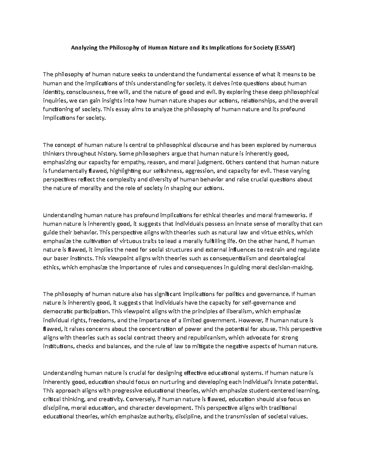 Analyzing the Philosophy of Human Nature and its Implications for ...