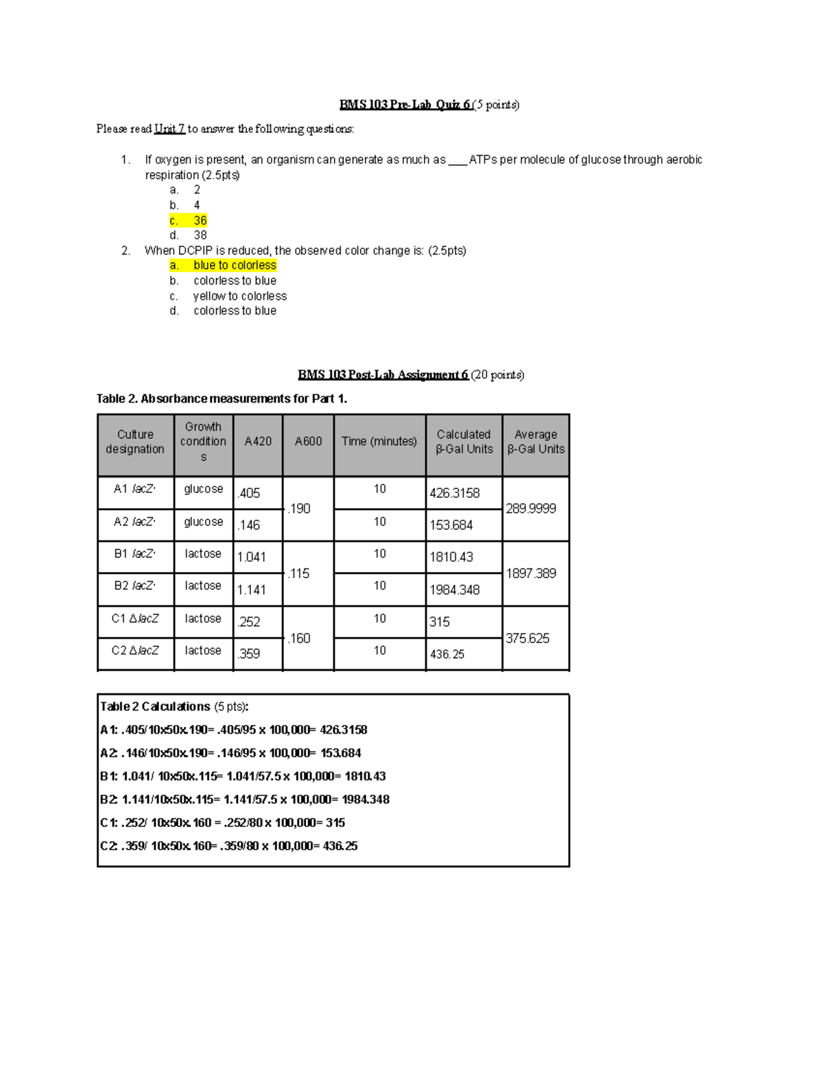 BMS 103 lab report 6 - BMS 103 Pre-Lab Quiz 6 (5 points) Please read Unit 7 to answer the ...