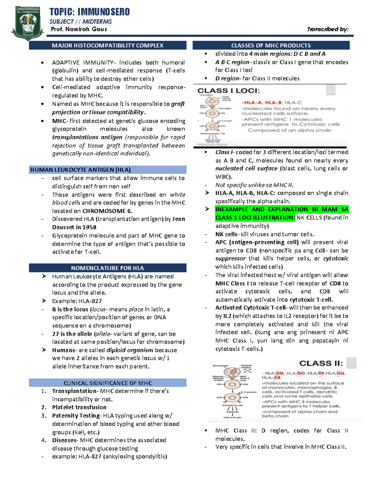 Major Histocompatibility Complex ( Outline) - TOPIC: IMMUNOSERO SUBJECT ...