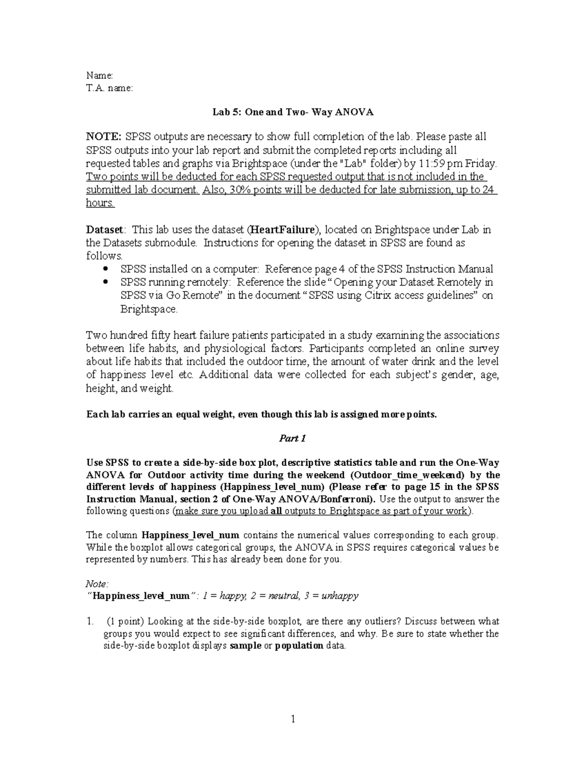 LAB-5 ONE WAY AND TWO WAY Anova Fall 2024 Final - Name: T. name: Lab 5: One and Two- Way ANOVA ...