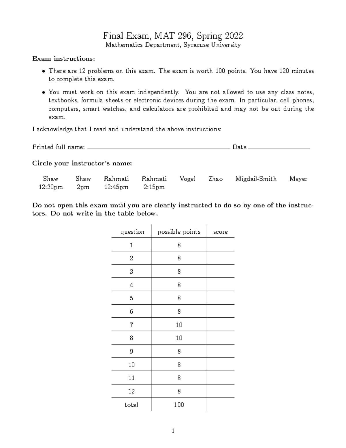 Mat296 final ex example - Final Exam, MAT 296, Spring 2022 Mathematics ...
