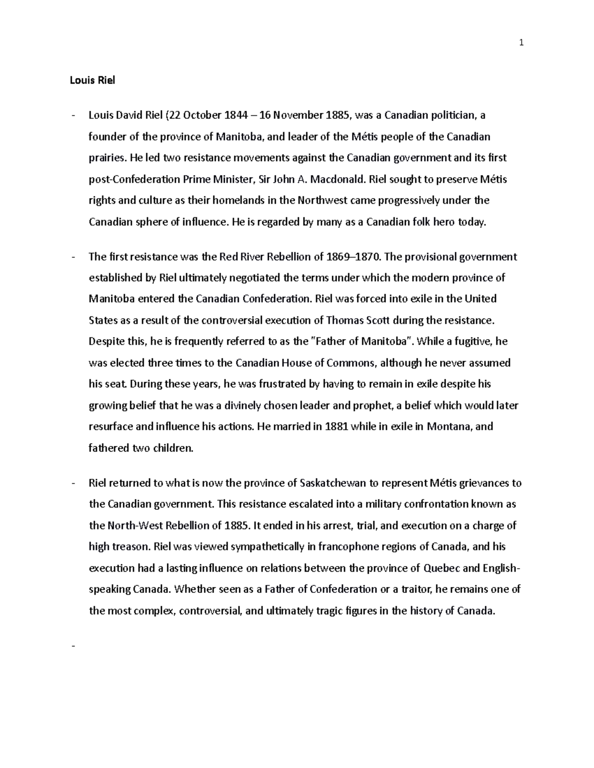 Louis Riel Summary - 1 Louis Riel Louis David Riel (22 October 1844 ...