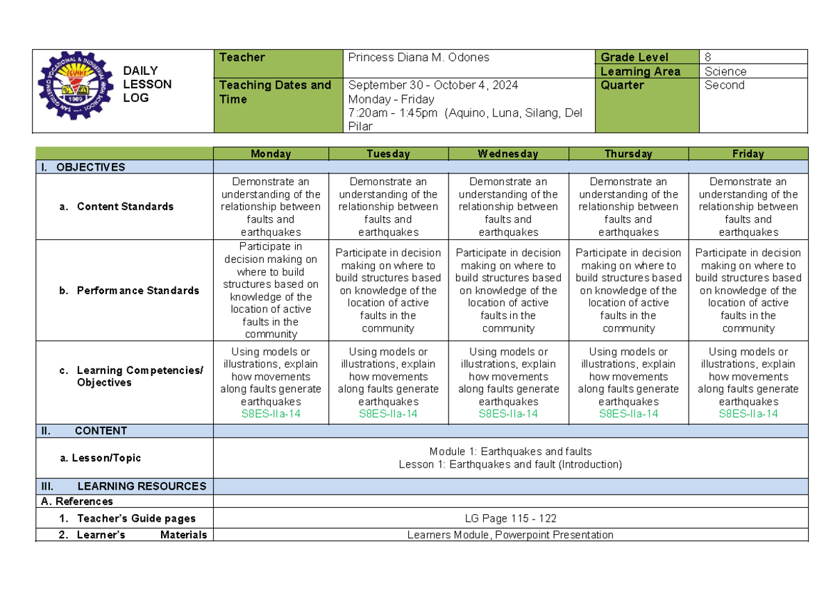 Q2-Weekly Plan (Sci) - DLL on Science 8 - DAILY LESSON LOG Teacher ...