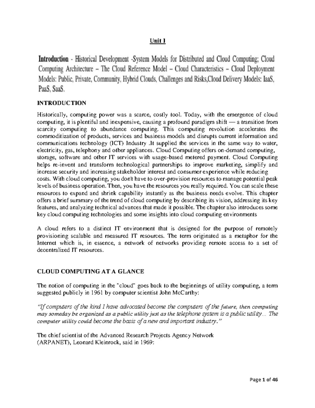 Unit I - cc unit 1 - Unit I INTRODUCTION Historically, computing power was a scarce, costly tool ...