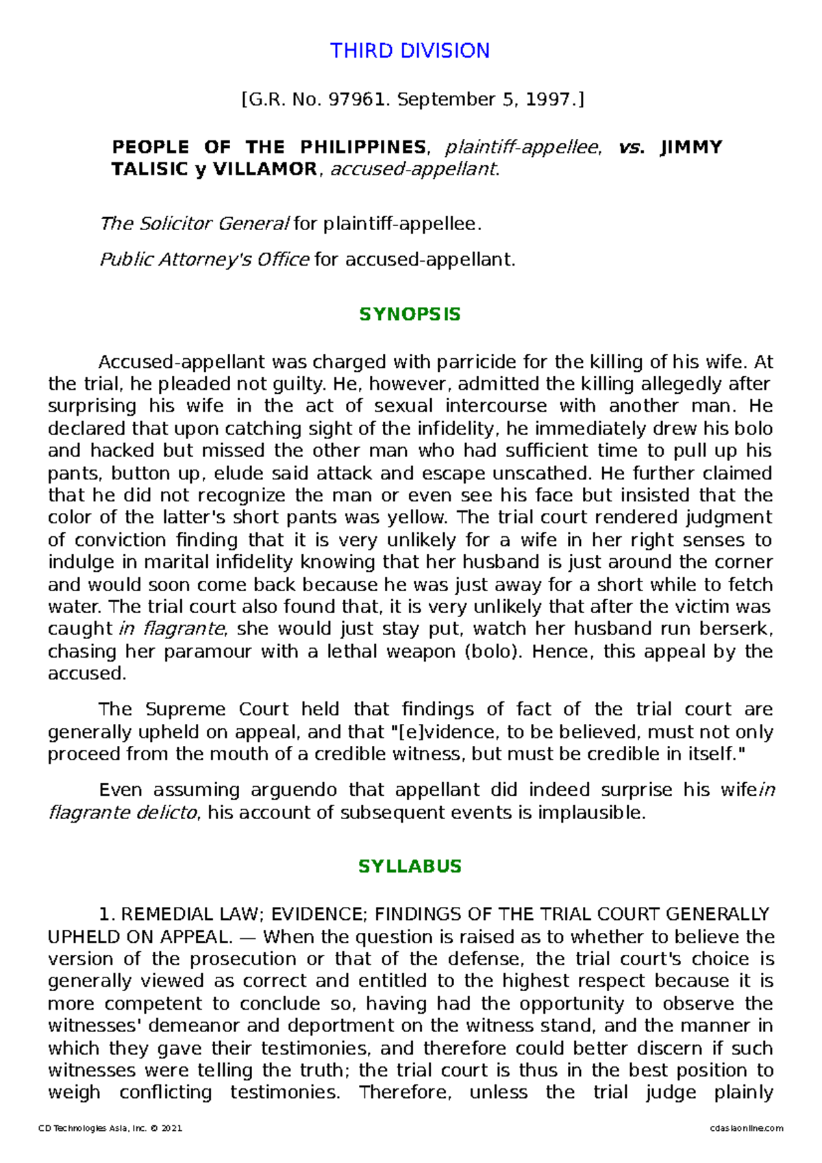 1. People v. Talisic - CASE DIGEST - THIRD DIVISION [G. No. 97961 ...