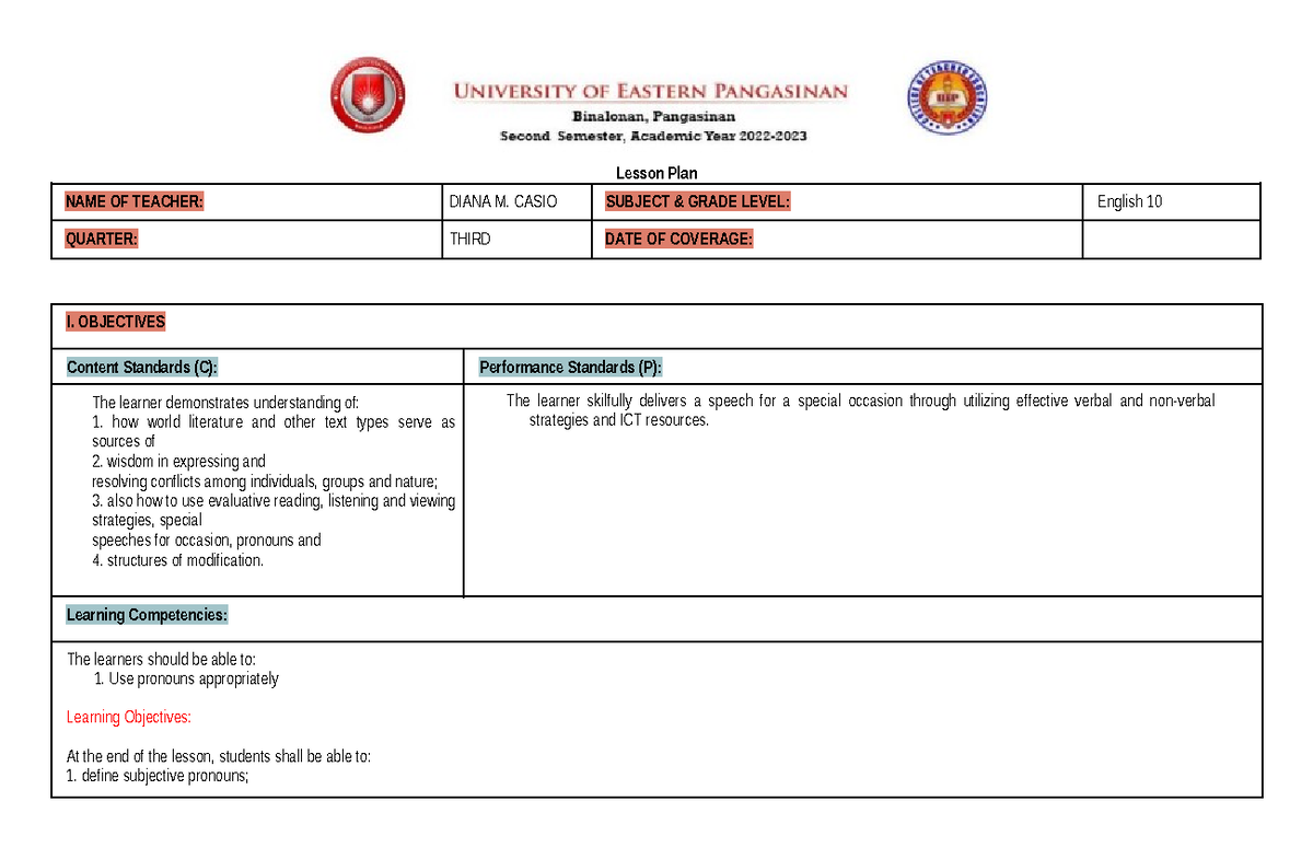 Lesson-Plan-in-English-1 - Lesson Plan NAME OF TEACHER: DIANA M. CASIO ...