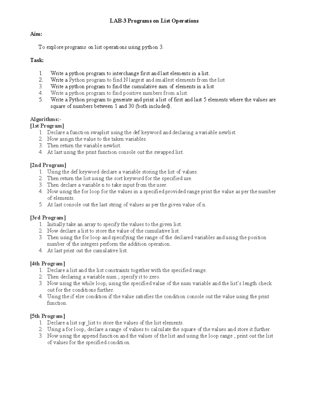 Rasp 3 - LAB - LAB-3 Programs on List Operations Aim: To explore programs on list operations ...