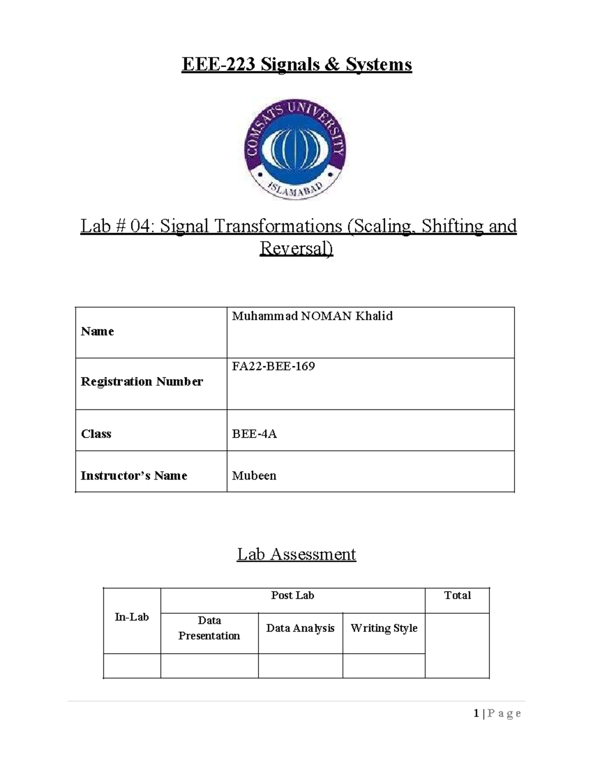 Signals lab 4 - It is good - EEE-223 Signals & Systems Lab # 04: Signal Transformations - Studocu