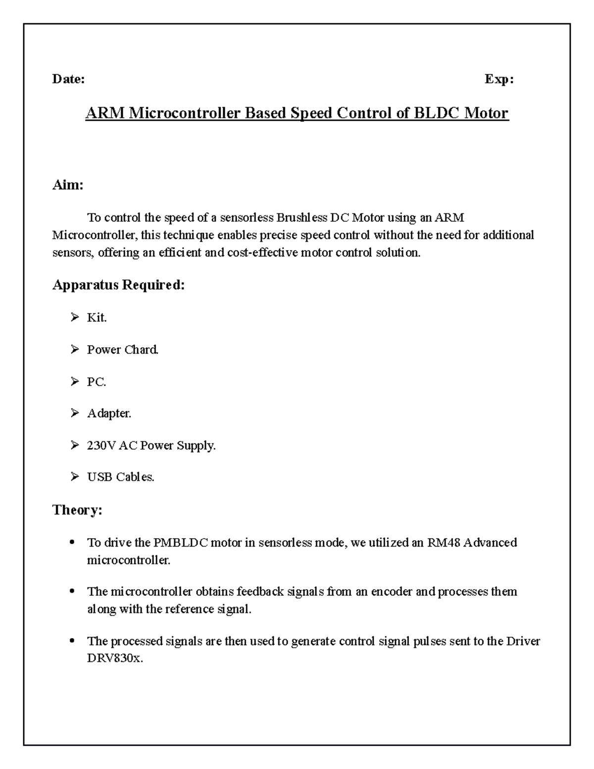 EXP 2 - THIS IS BLDC EXPERIMENT - Date: Exp: ARM Microcontroller Based Speed Control of BLDC ...