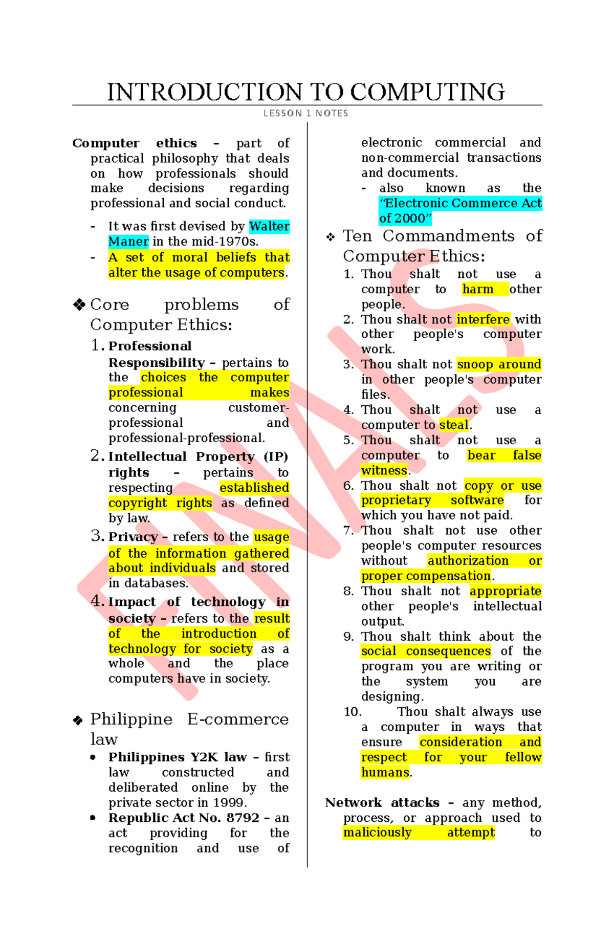 CC101 Notes - Computer ethics – part of practical philosophy that deals ...