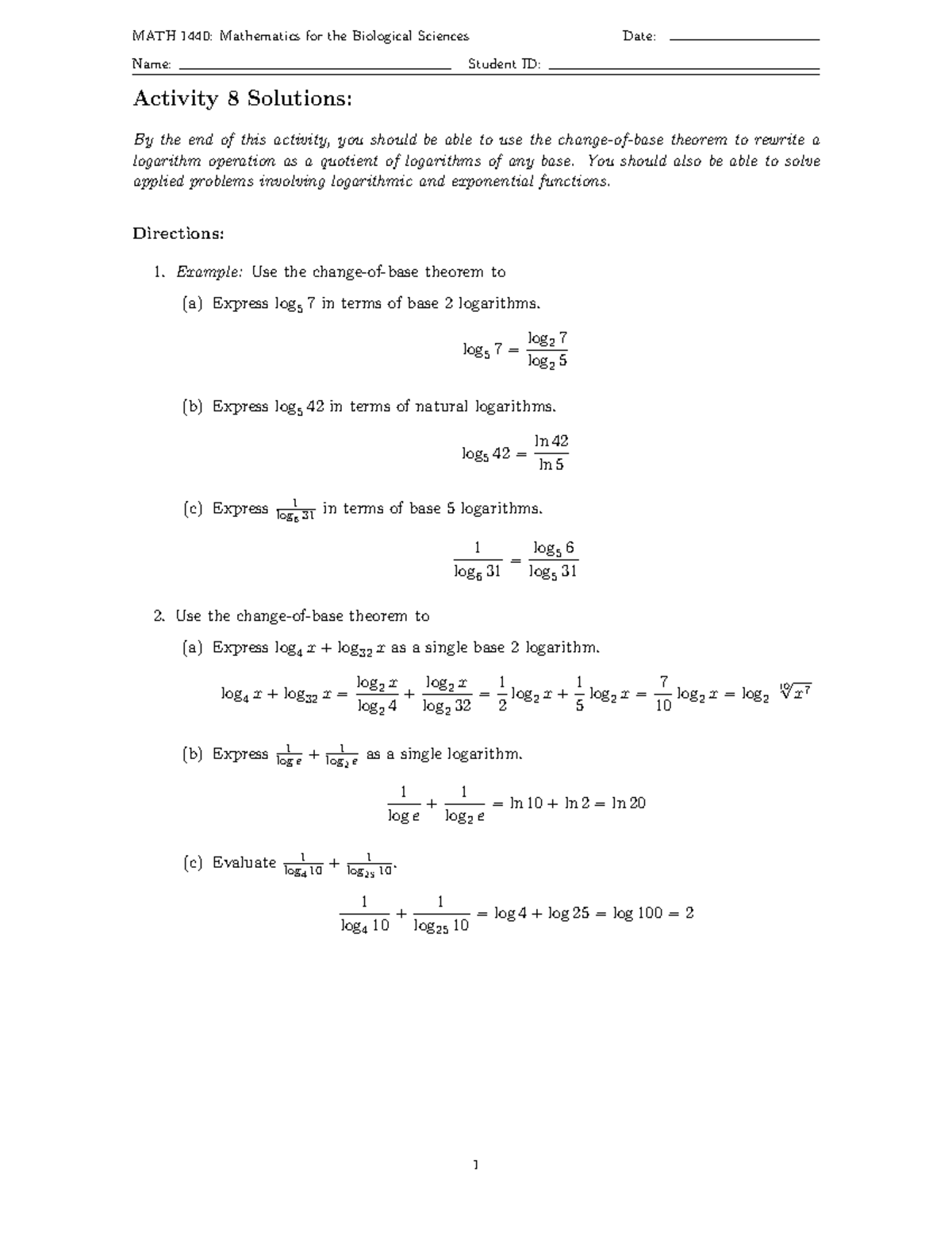 Math1440 Act8 Solution - MATH 1440: Mathematics for the Biological ...