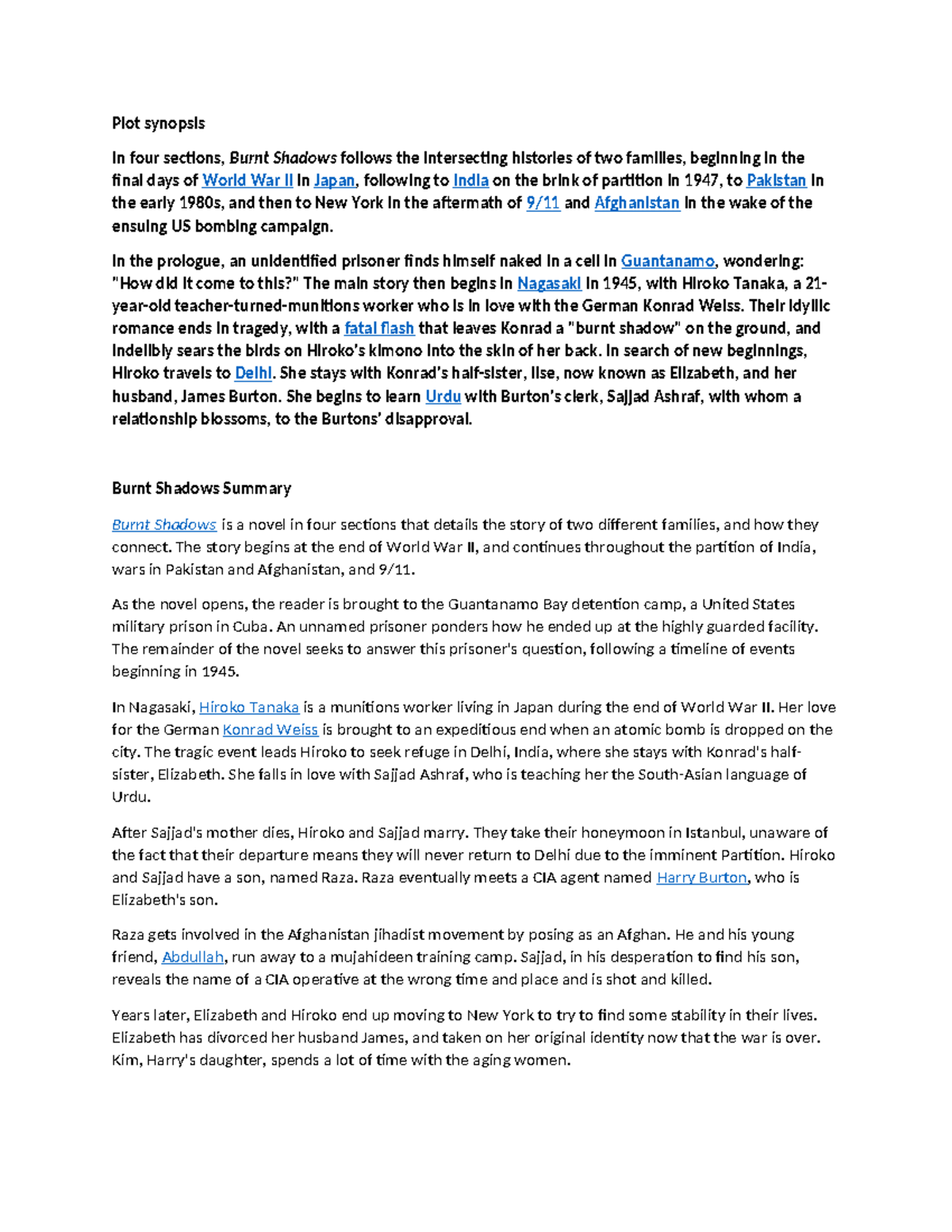 Plot synopsis - plot of Burnt Shadows - Plot synopsis In four sections ...