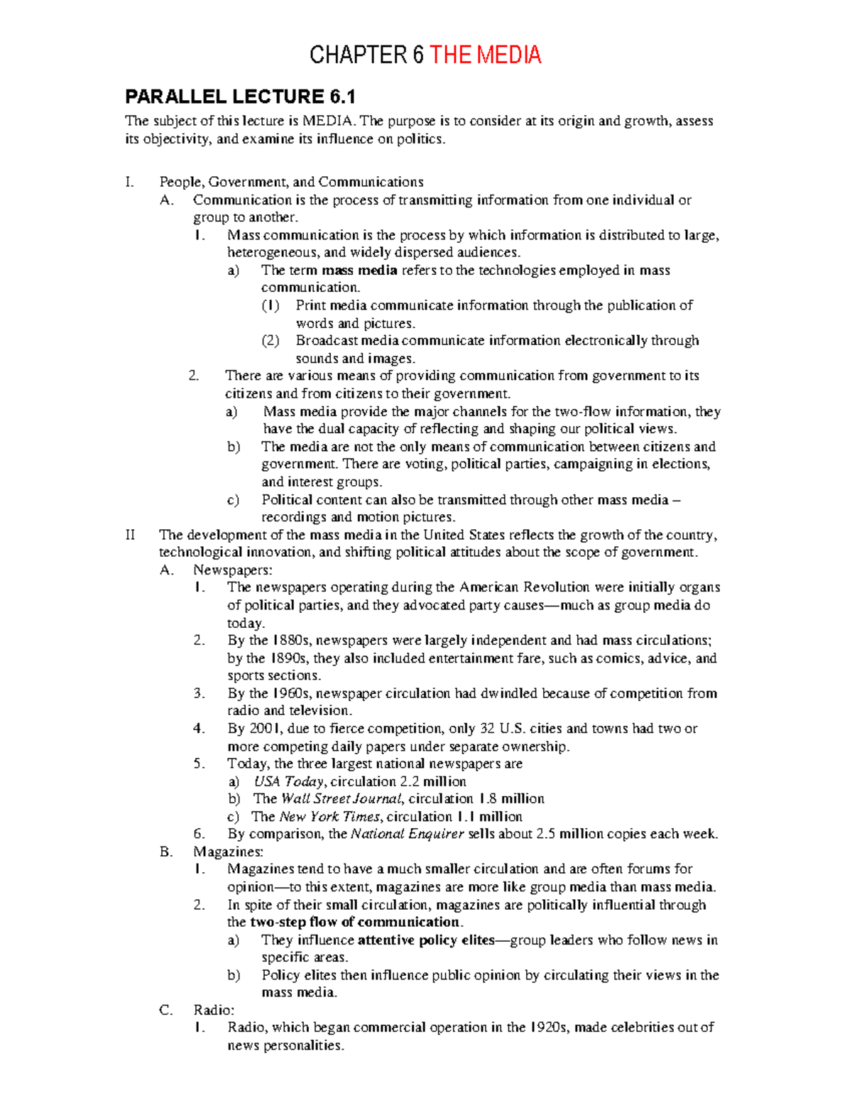 Ch06 The Media - science politique - CHAPTER 6 THE MEDIA PARALLEL ...