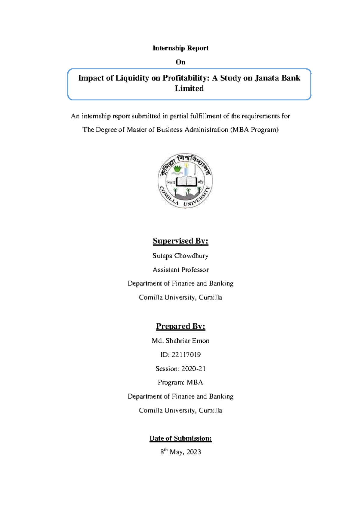 Final Report - Internship Report On An internship report submitted in ...