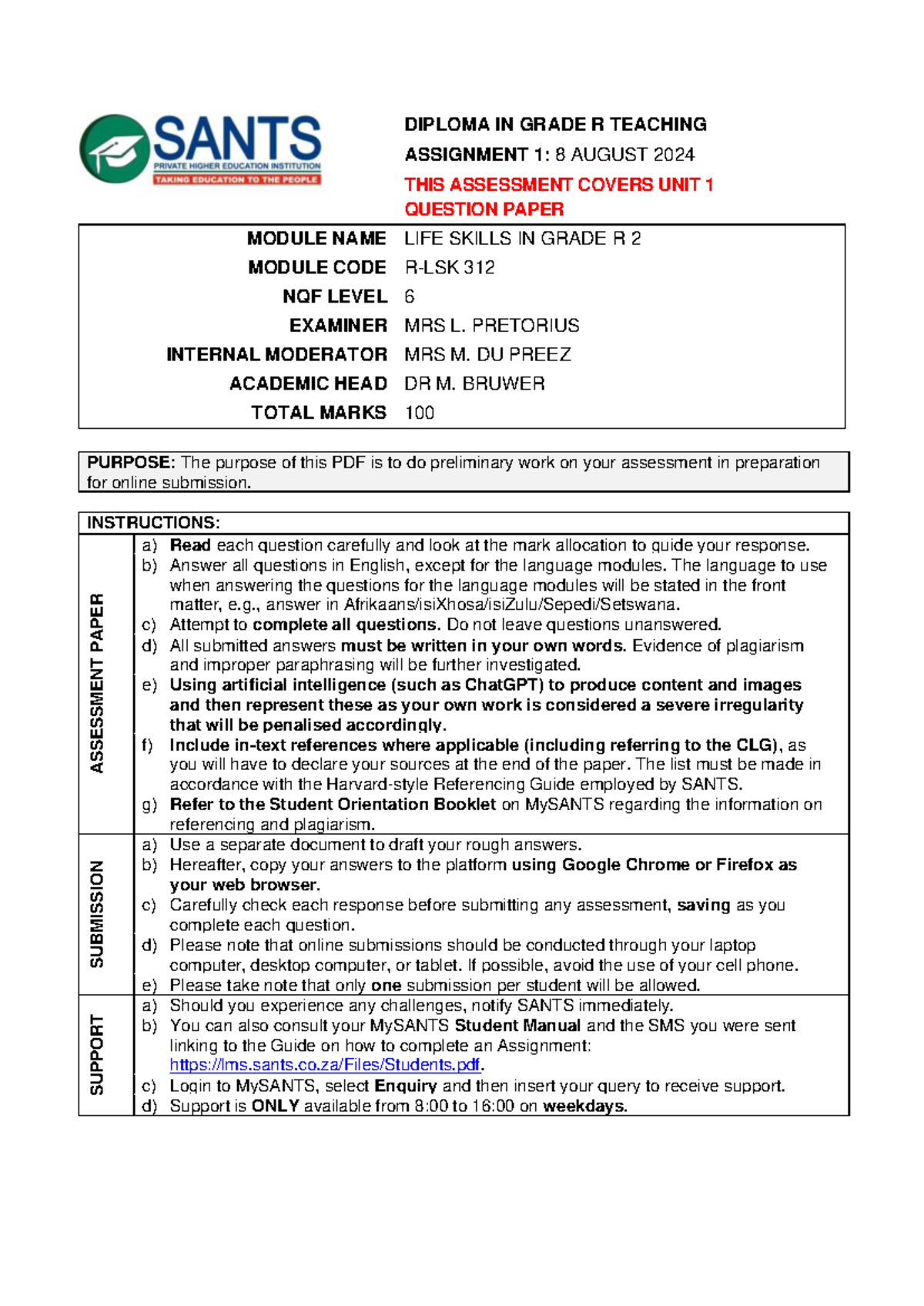 Life skills in Grade R 2 - DIPLOMA IN GRADE R TEACHING ASSIGNMENT 1: 8 ...
